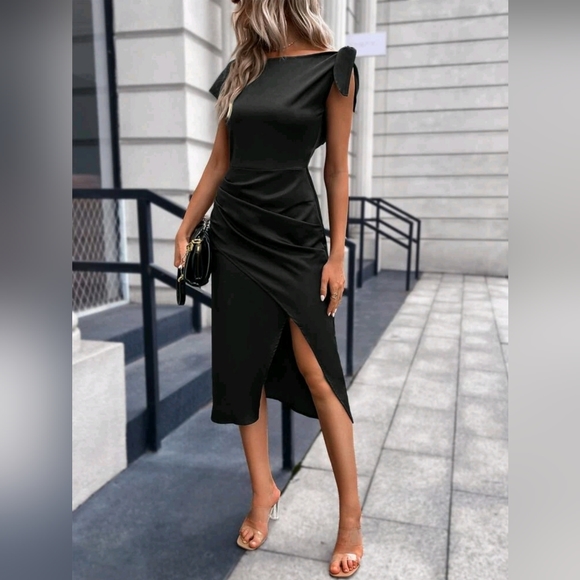 Dresses | New Ruched Side Tie Sleeve Wrap Midi Dress Matte Satin Black ...